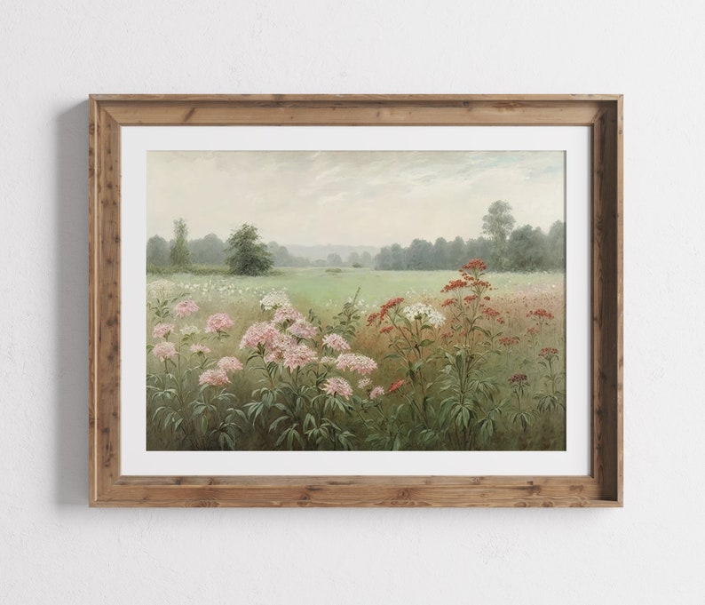 Pink Wildflower Field Flower Meadow Print Vintage Wall Art Painting Digital Download Art Spring ...