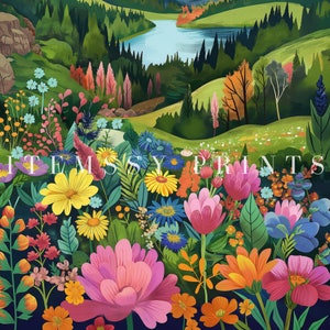 Colorful Flower Garden Illustration Wall Art | Vibrant Summer Scenery ...