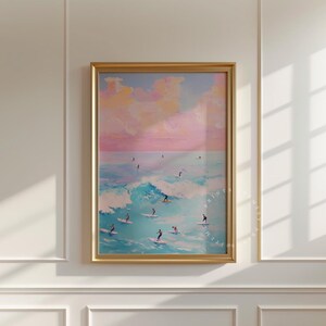 Pink Surf Poster | Beachy Wall Art Print | Aerial Summer Surfing Painting | Girly Ocean Decor ...