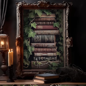 Dark Academia Books Print - Moody Bookish Art, Bookshelf, Dark Decor ...
