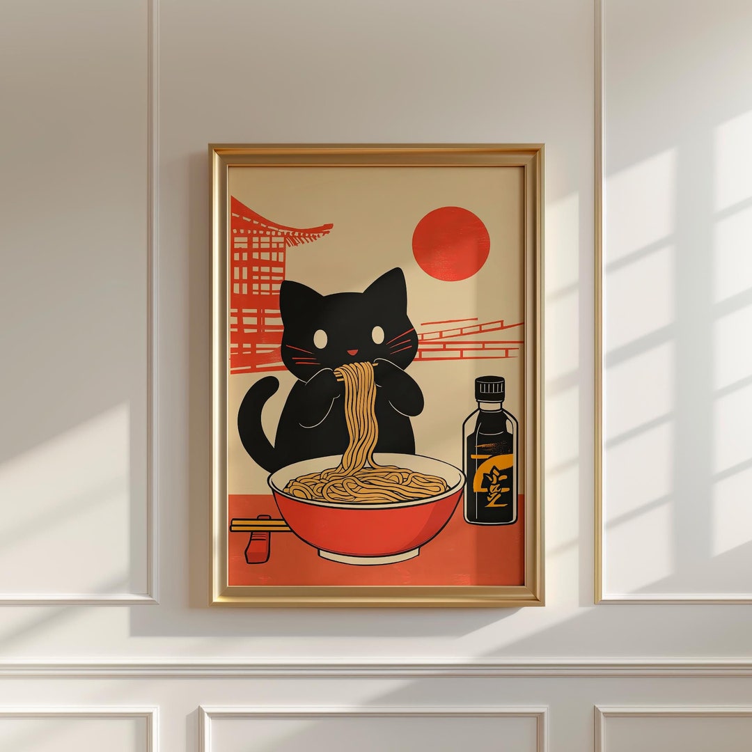 Vintage Cat Eating Ramen Wall Art | Retro Japanese Poster Print ...