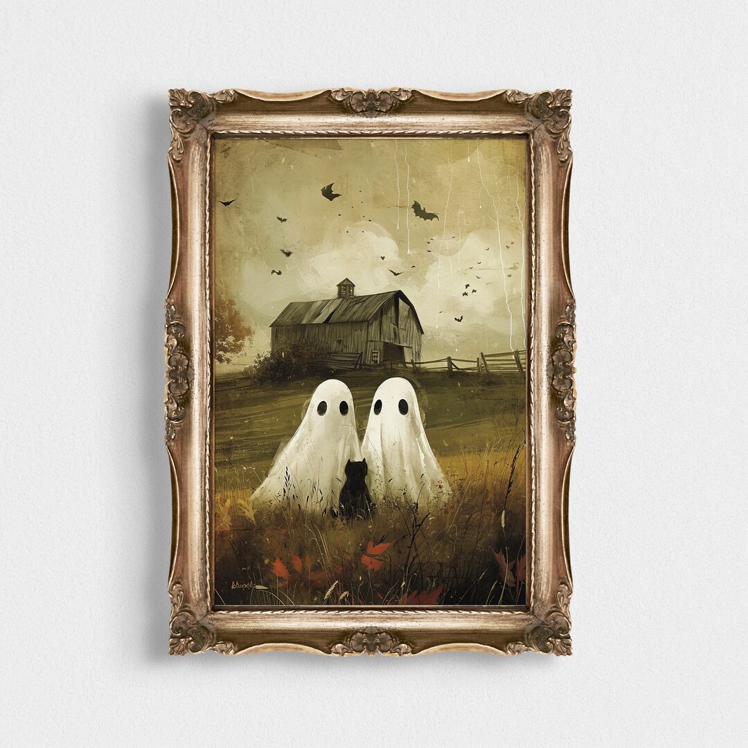 Vintage Ghost Print | Victorian Gothic Art | Cute Horror Bats Goth Wall Art | Two Ghosts With a ...