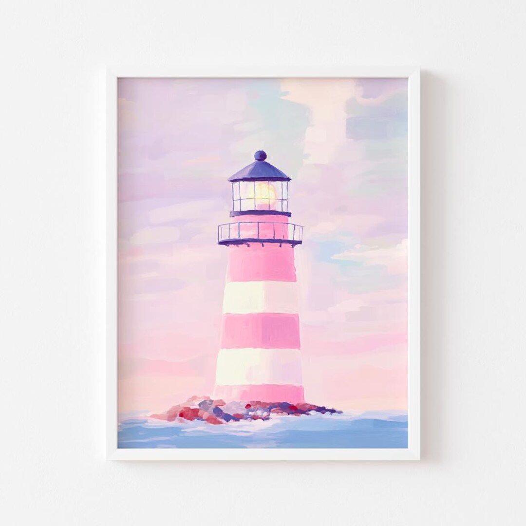 Pastel Lighthouse Art Pink and White Striped Lighthouse Coastal Print ...