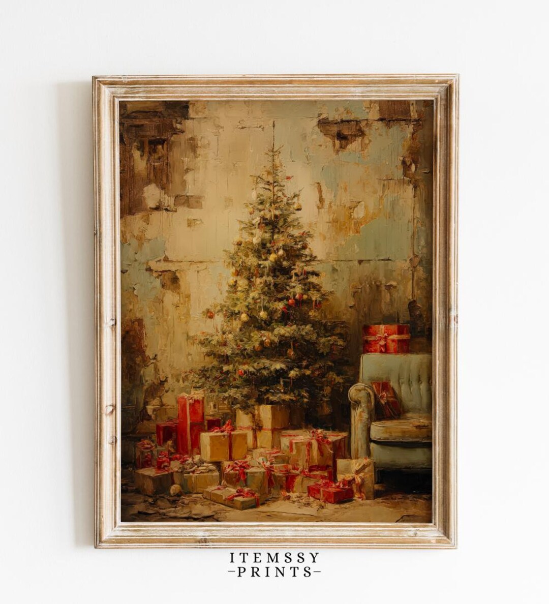 Rustic Christmas Living Room Art Print | Vintage Holiday Tree Scene ...