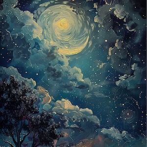 Vintage Sky Print | Nocturnal Landscape Art | Celestial Digital ...