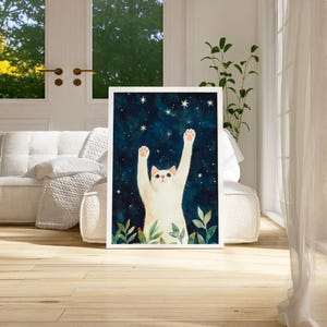 White Cat Celestial Art Print | Night Sky Animal Illustration | Moon ...