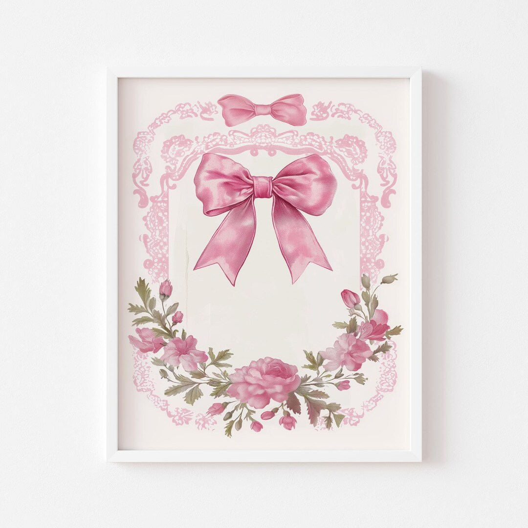 Preppy Pink Coquette Bow Printable Vintage Girly Wall Art Hand-drawn ...