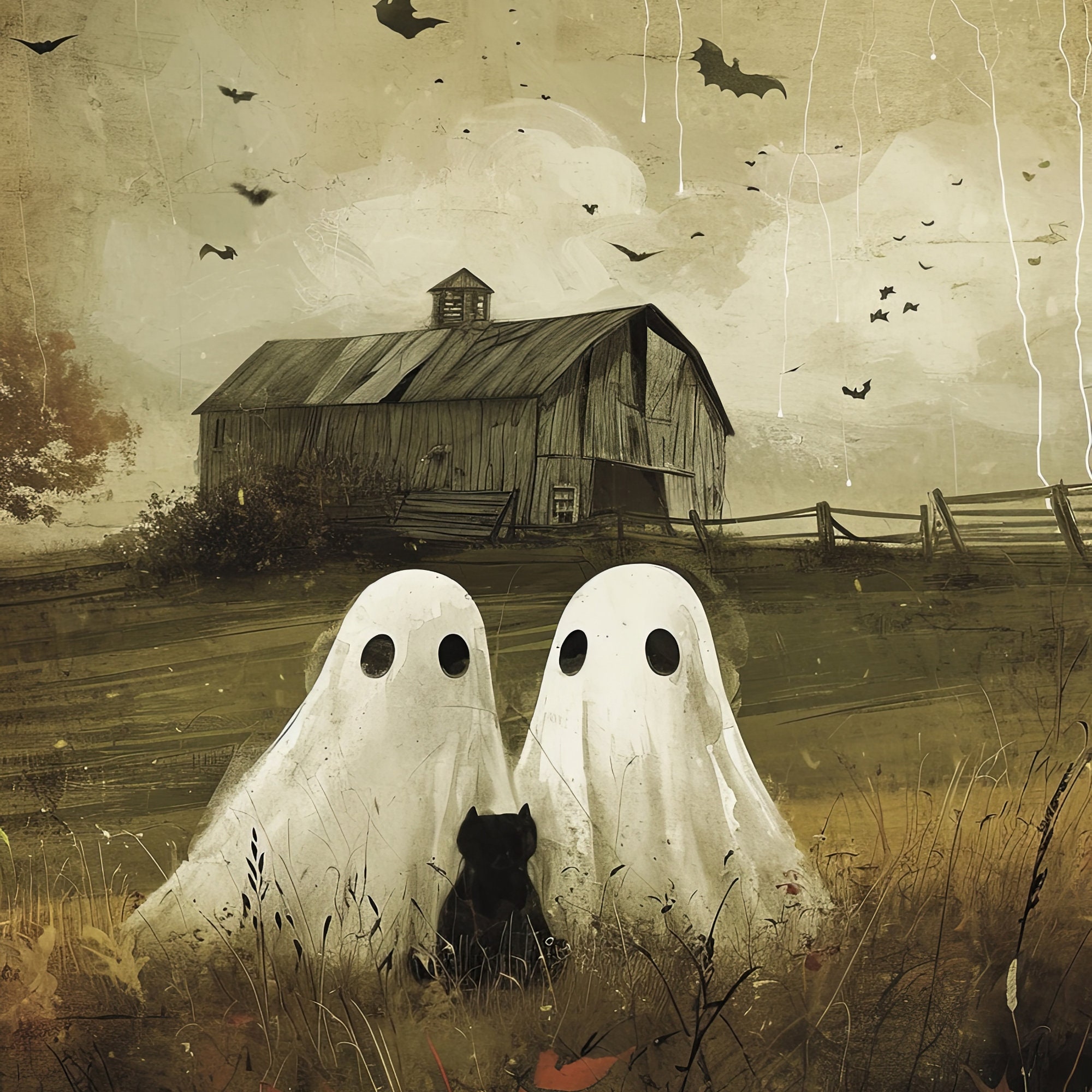 Vintage Ghost Print Victorian Gothic Art Cute Horror Bats Goth Wall Art ...