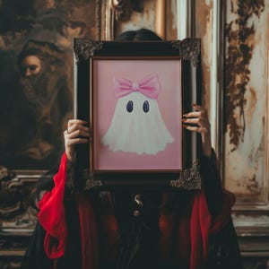 Pink Bow Ghost Wall Art Print | Halloween Decor | Preppy Trendy ...