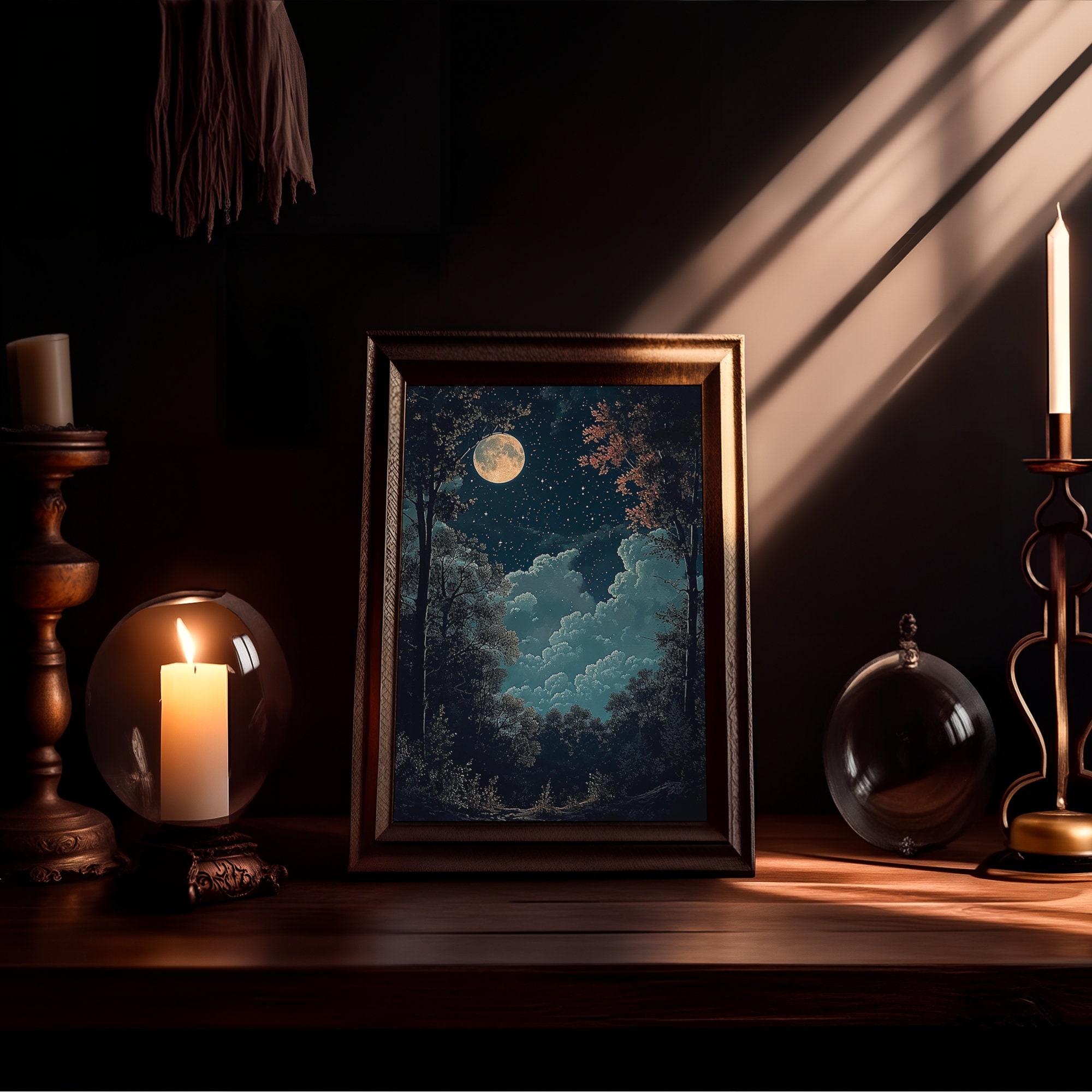 Nocturne Night in the Woods Vintage Celestial Wall Art Moody Painting ...