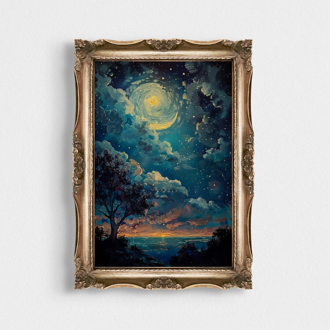 Vintage Sky Print | Nocturnal Landscape Art | Celestial Digital ...