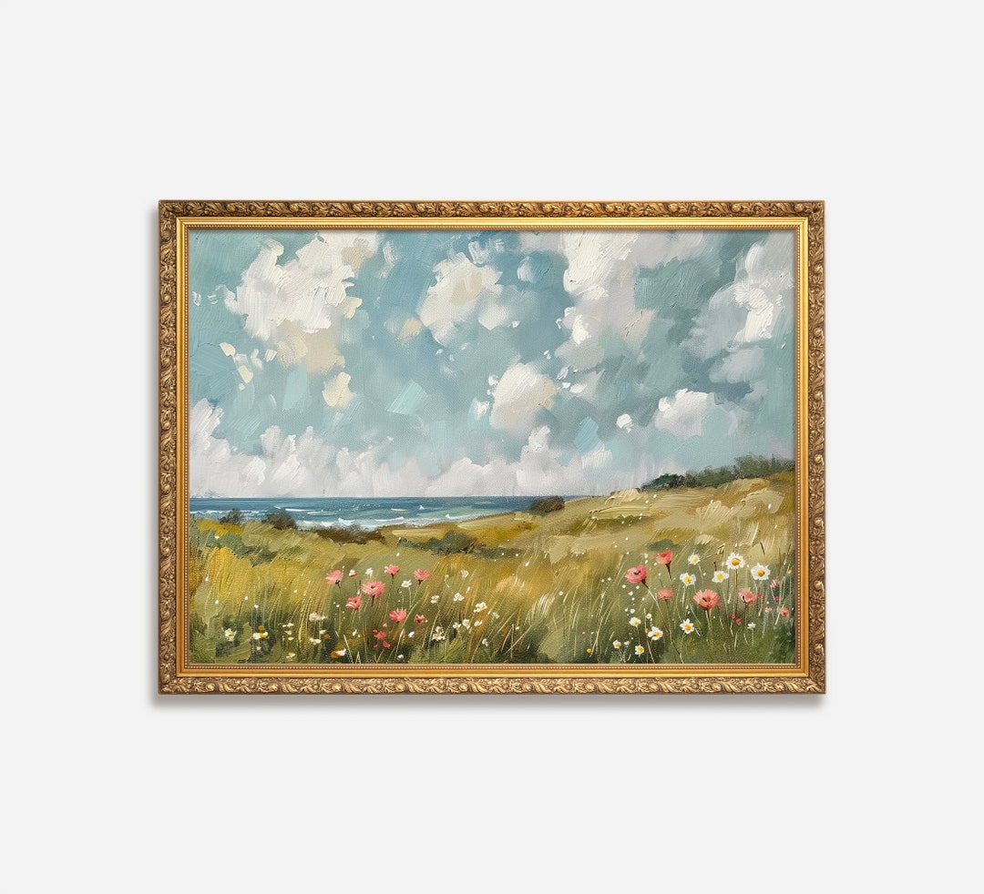 Spring Floral Print Wildflower Field Landscape Painting - Vintage ...