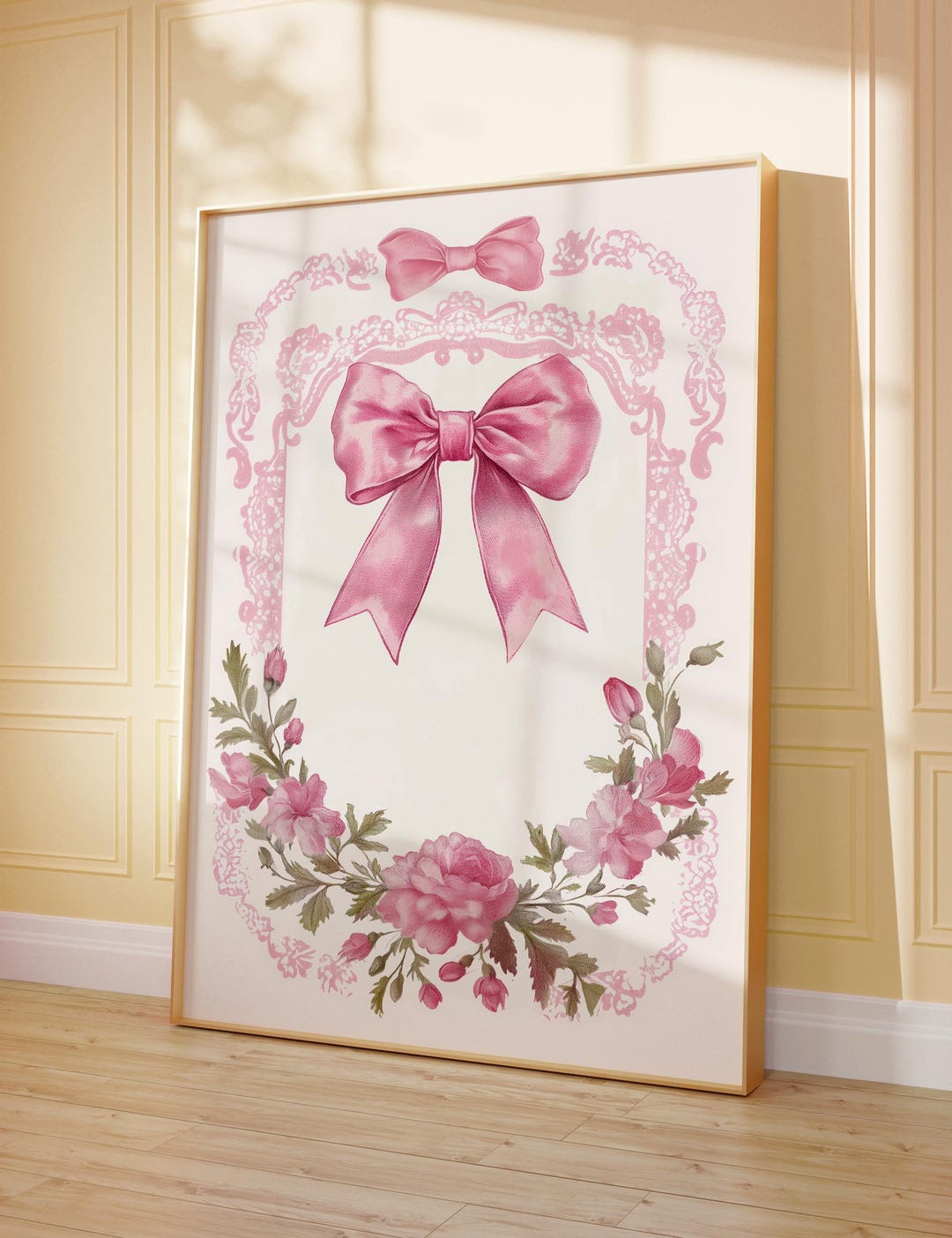 Preppy Pink Coquette Bow Printable | Vintage Girly Wall Art | Hand ...