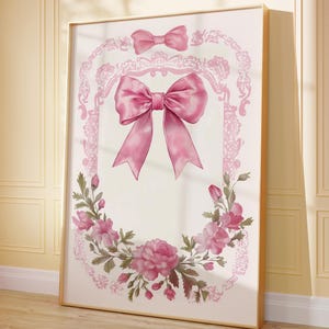 Preppy Pink Coquette Bow Printable | Vintage Girly Wall Art | Hand ...