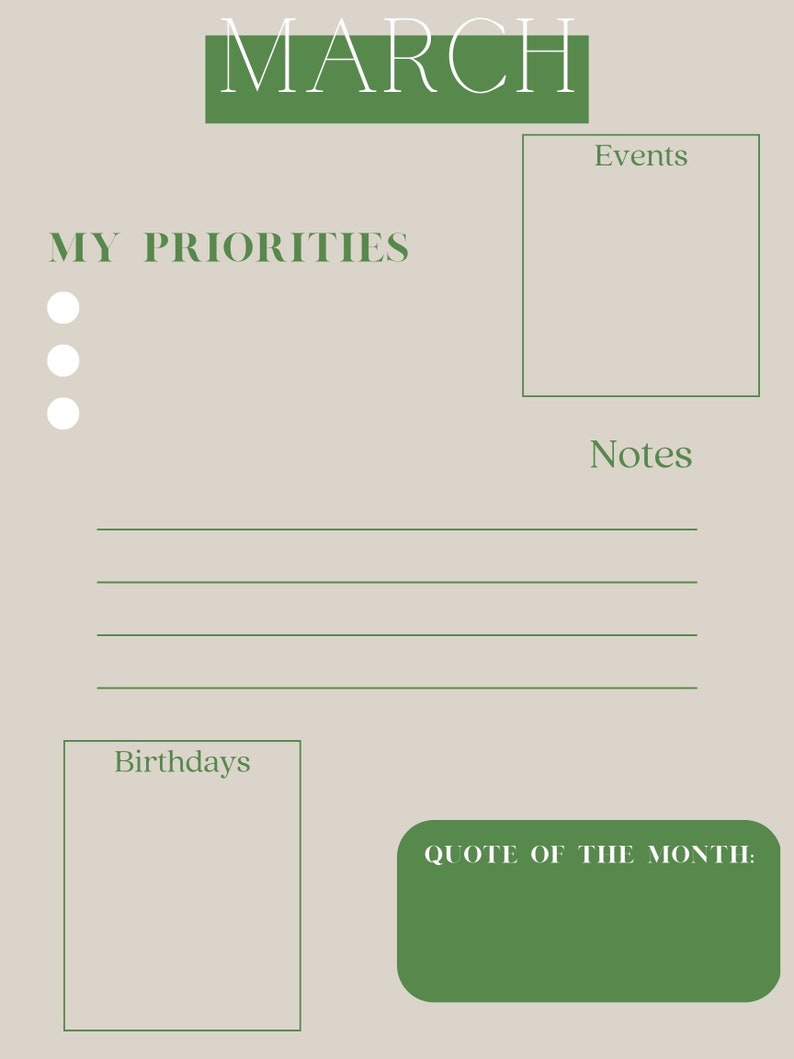 March Monthly Planner - Etsy