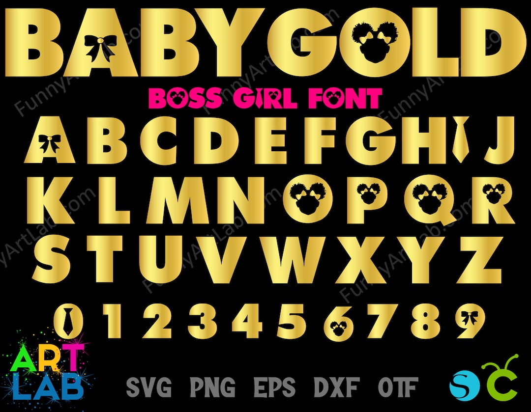 Gold Letters Afro Baby Boss Font Svg, Afro Boss Baby Font Otf, Girl ...