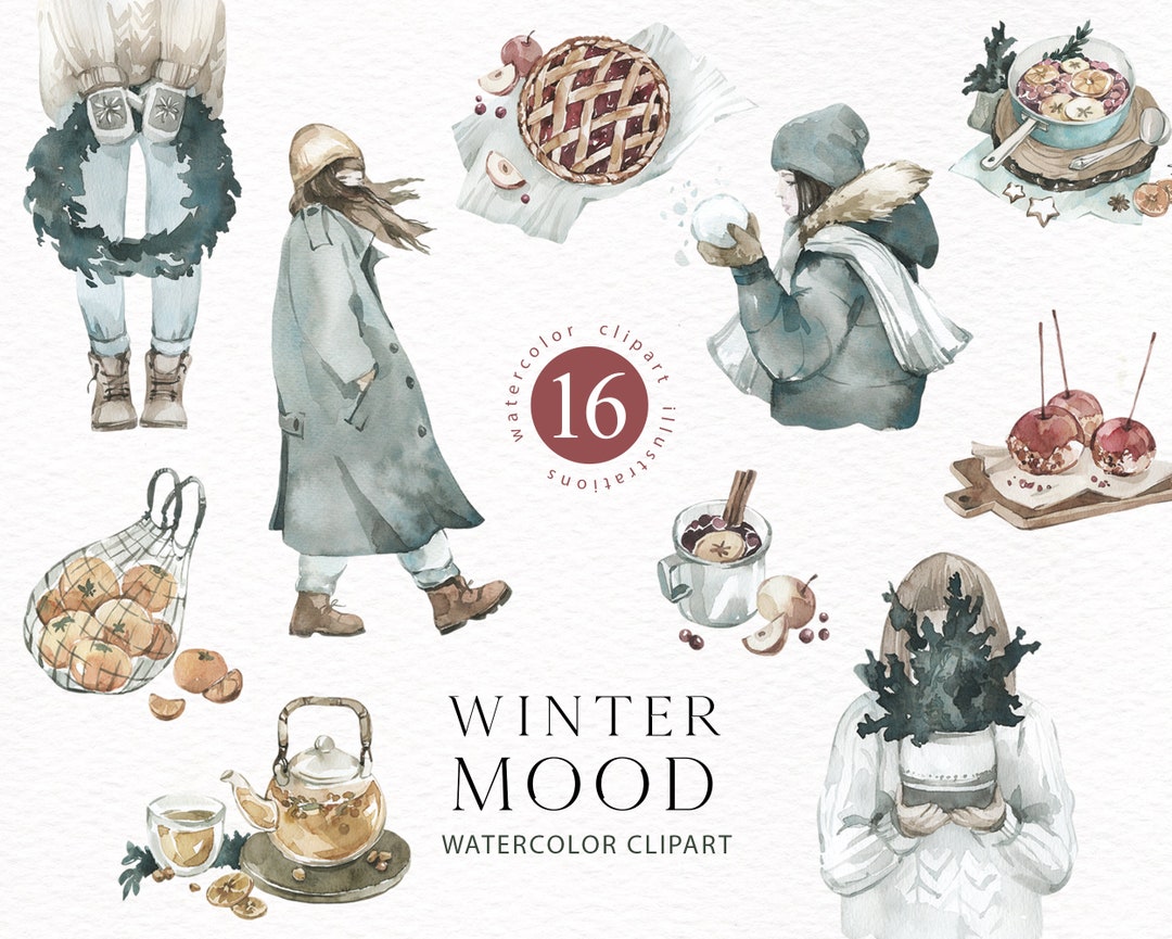 16 Watercolor Winter Mood Illustrations. Watercolor Snack and - Etsy