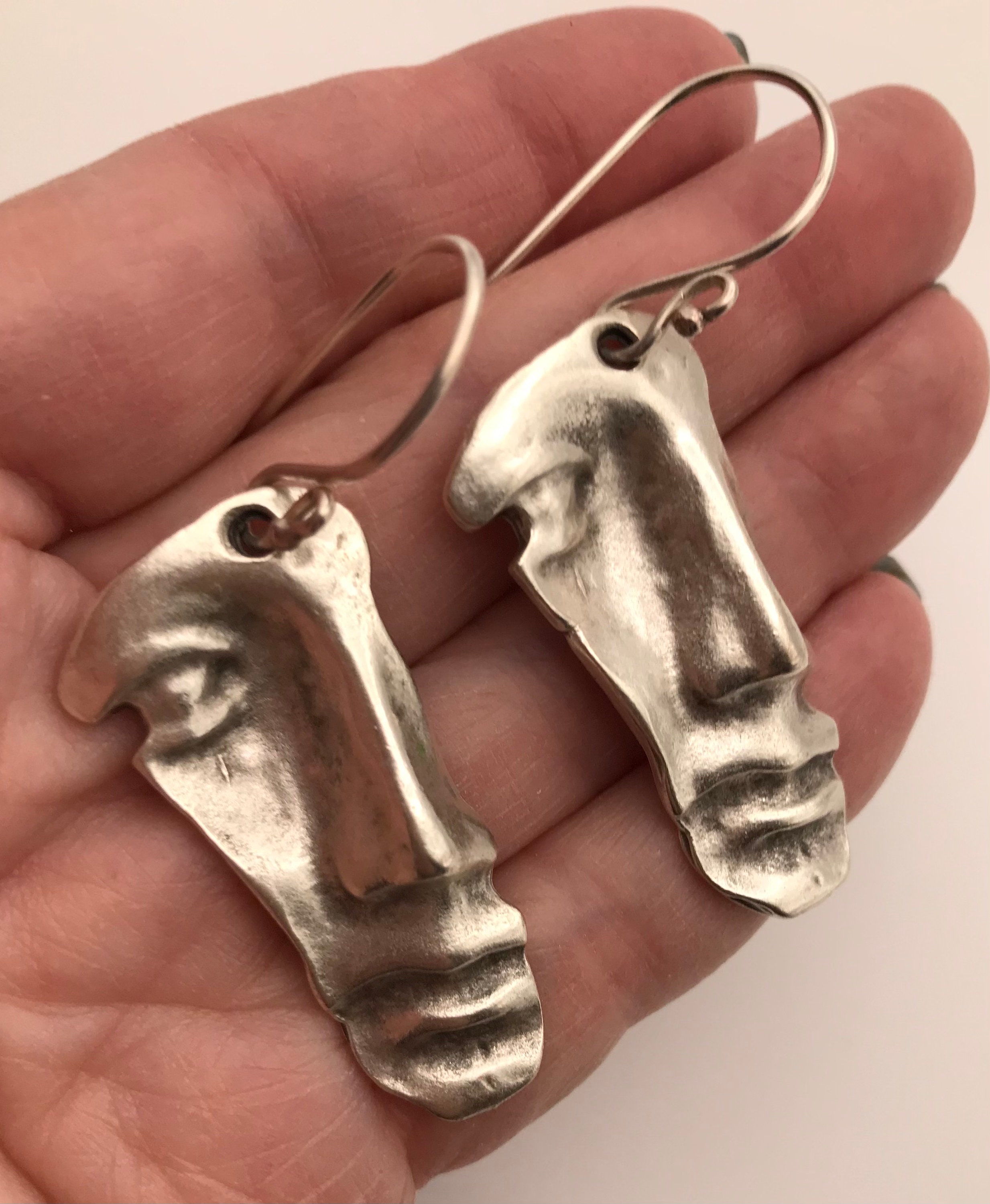MODERN ART EARRINGS Silver Hammered Face Shape Fancy Sterling Ear Wire ...