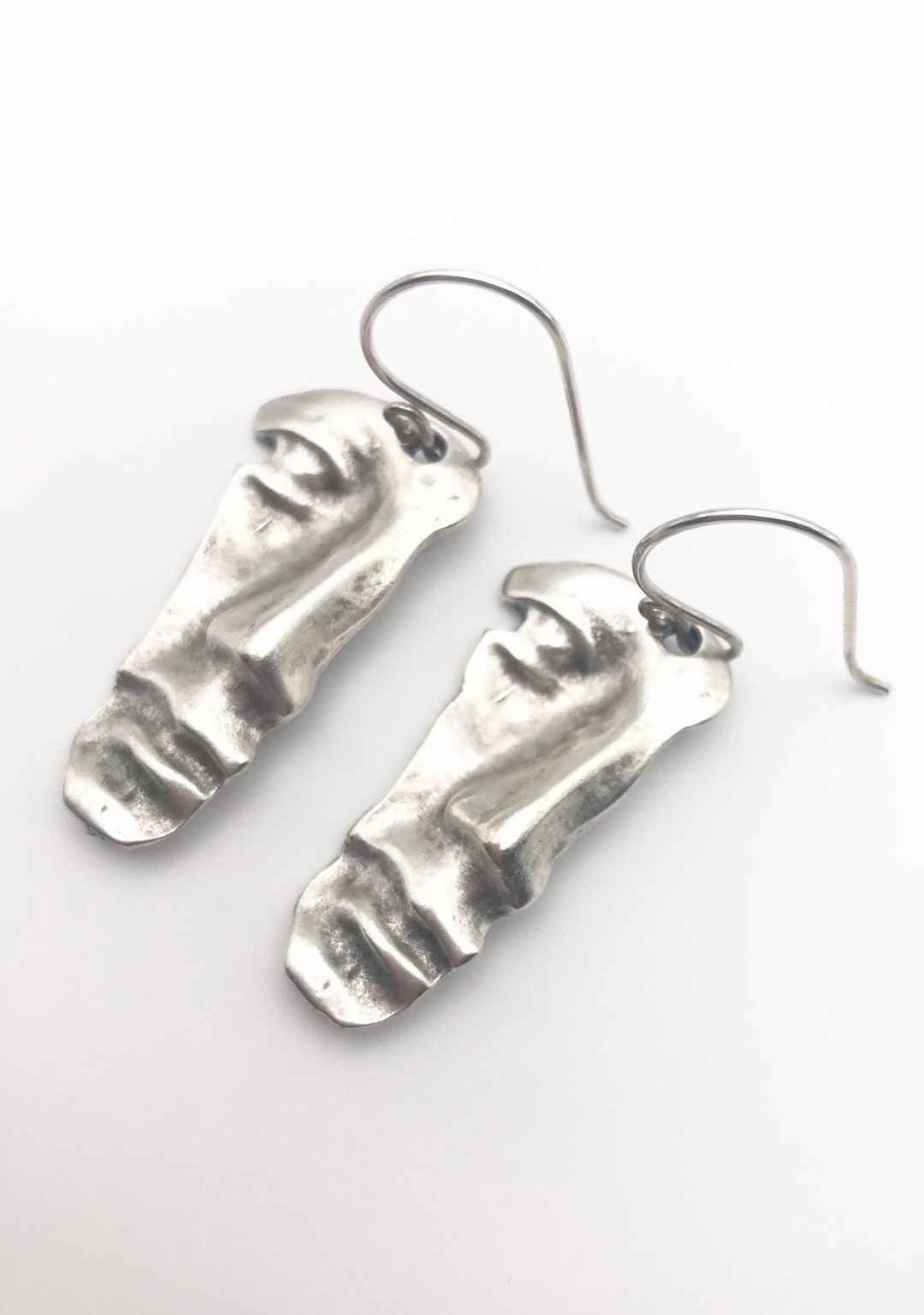 MODERN ART EARRINGS - Silver Hammered Face Shape - Fancy Sterling Ear ...