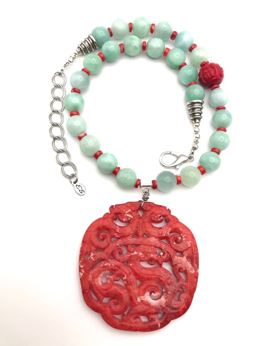 JADE NECKLACE With CORAL - Red Jade Dragon Pendant - Green Jade Beads ...