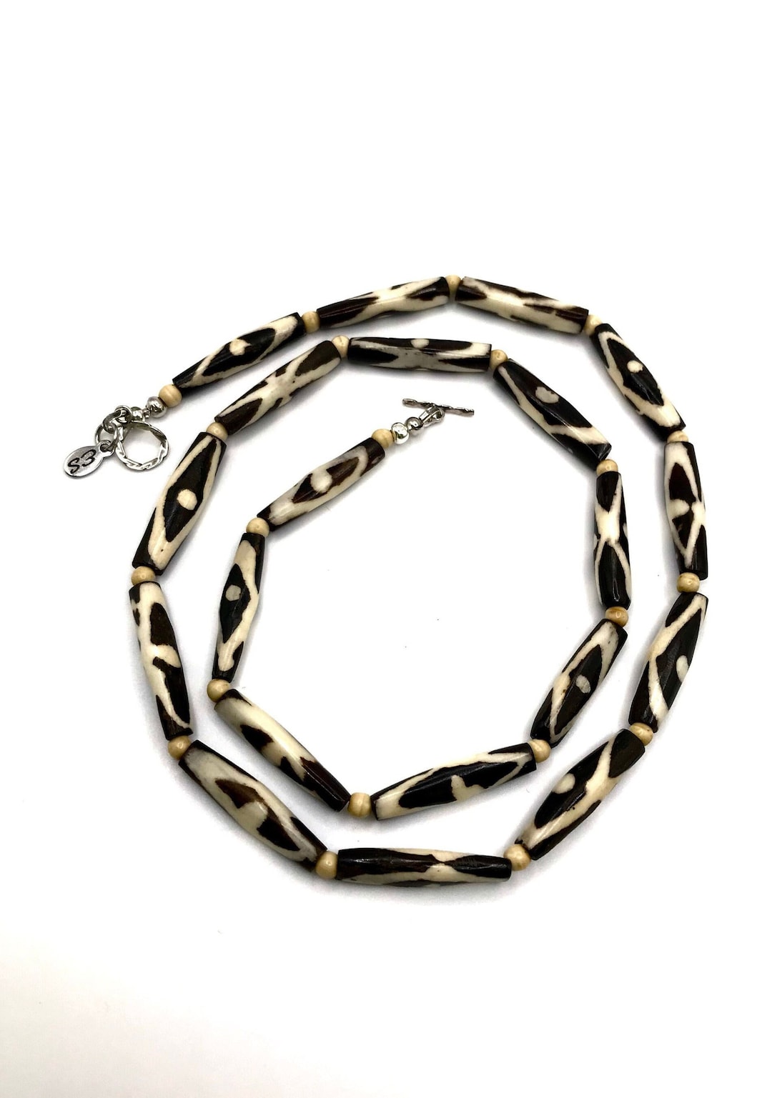 AFRICAN NECKLACE Eye Batik Design Bone Beads Handmade and Painted by ...