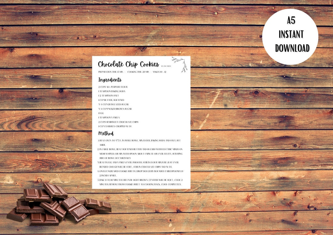 Digital Printable Recipe Card, Portrait, A5 Instant Download, 10x8inch ...