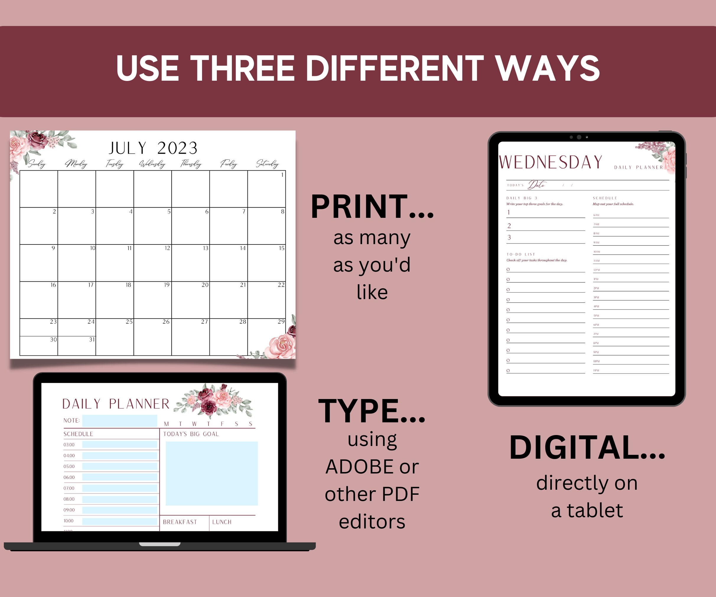 Printable 2023 Calendar and Personal Planner- Red Floral Print - Etsy