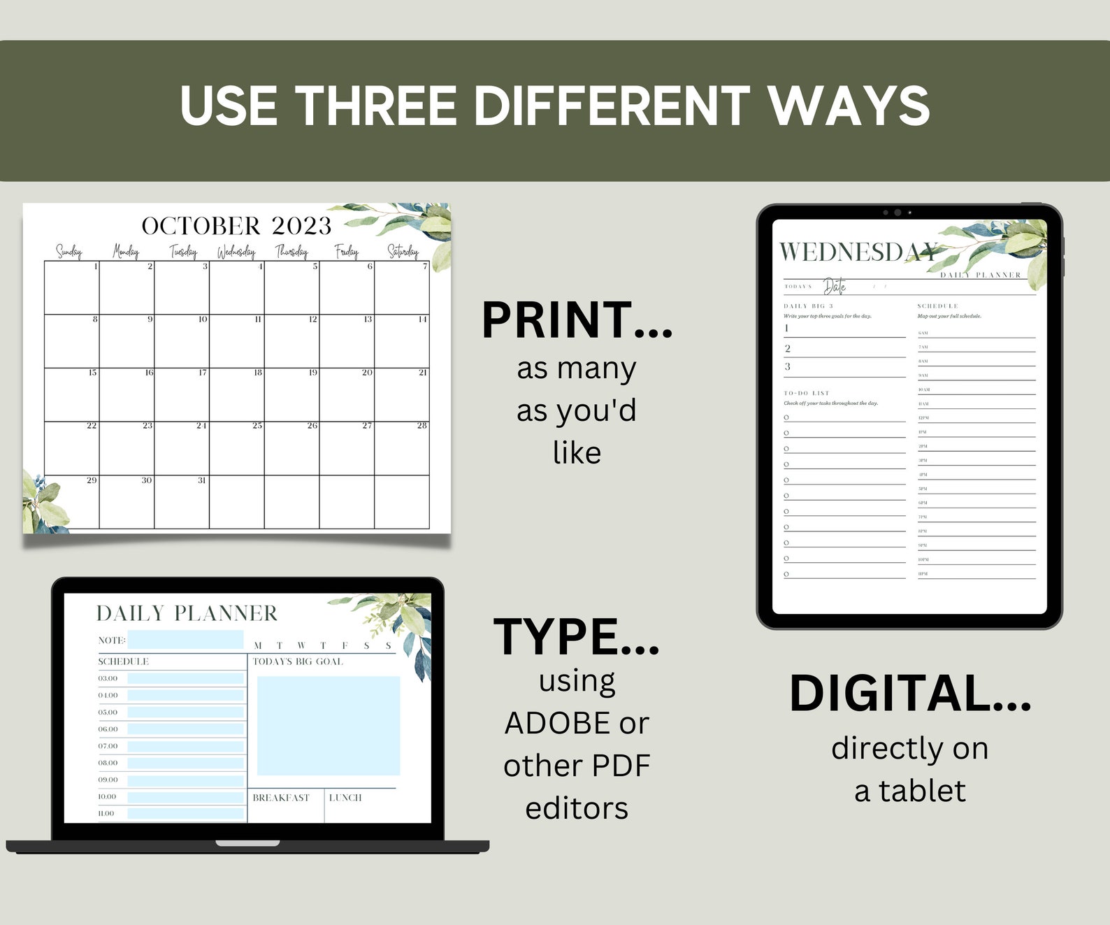 Printable 2023 Calendar and Personal Planner Green Floral - Etsy
