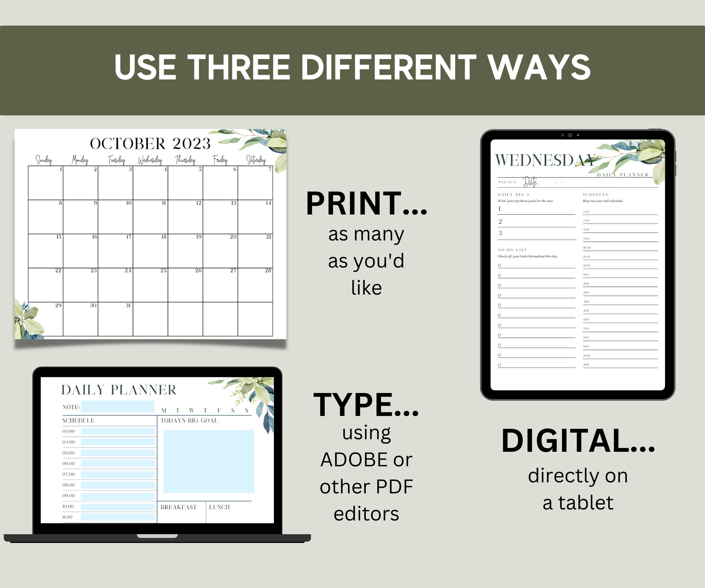 Printable 2023 Calendar and Personal Planner- Green Floral Print - Etsy