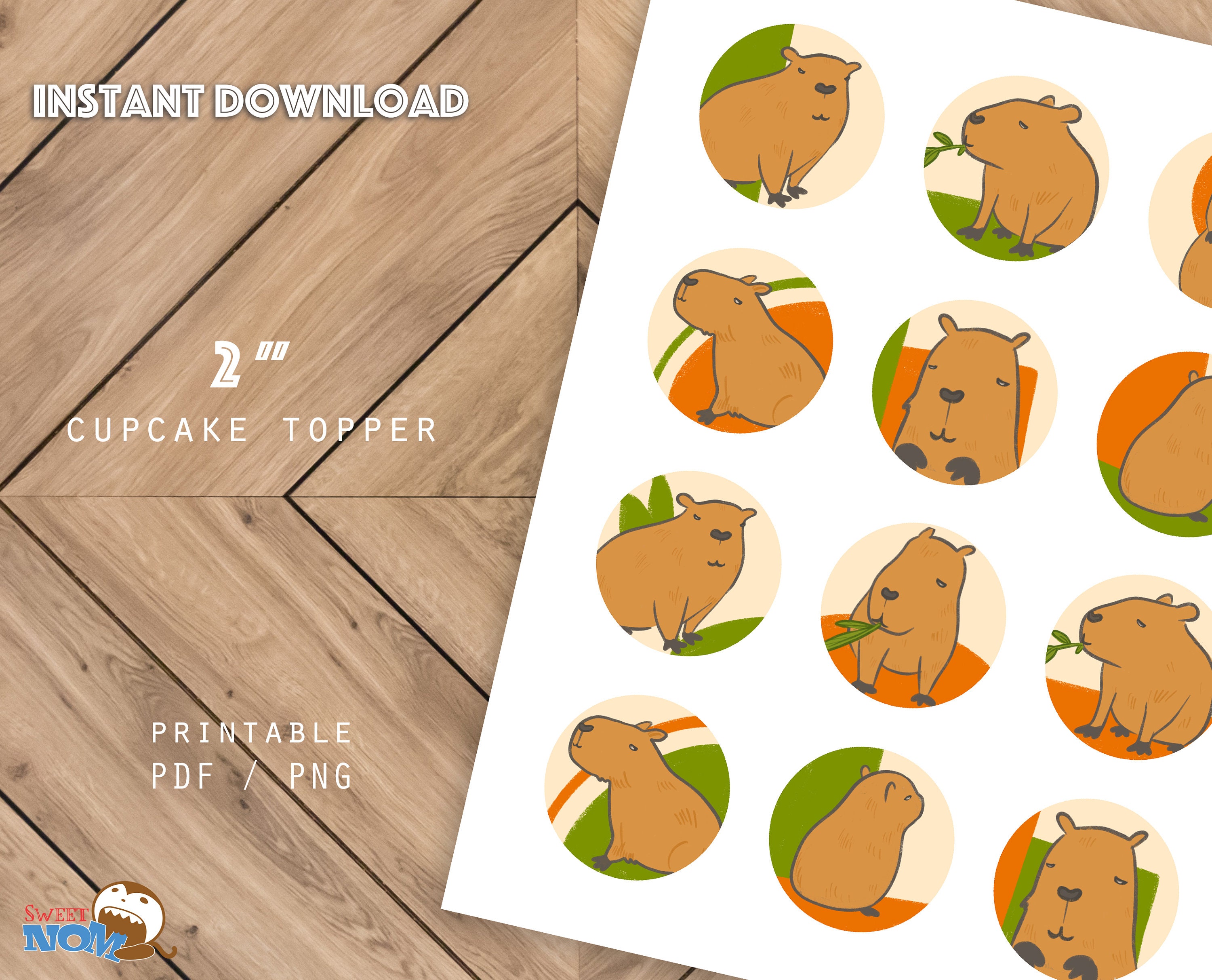 DIGITAL Capybara Cupcake Toppers 2" Round Instant Download Printable ...