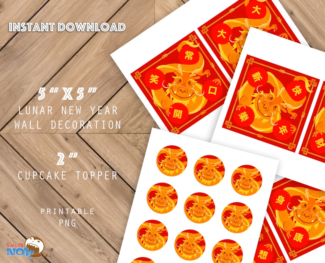 DIGITAL Chinese New Year Fai Chun Wall Decoration and 2" Round Cupcake ...
