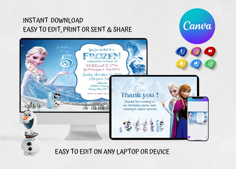 Princess Birthday Invitation, Elsa Birthday Digital Card, Editable ...