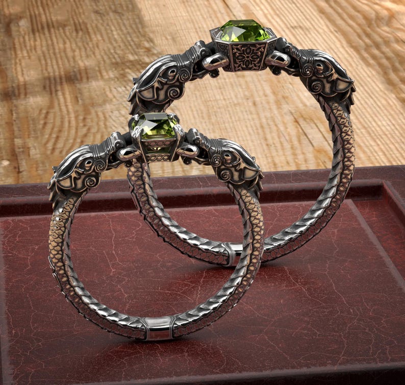 Viking Dragon Peridot Ring: Celtic Gold or Sterling Silver Wedding Band ...