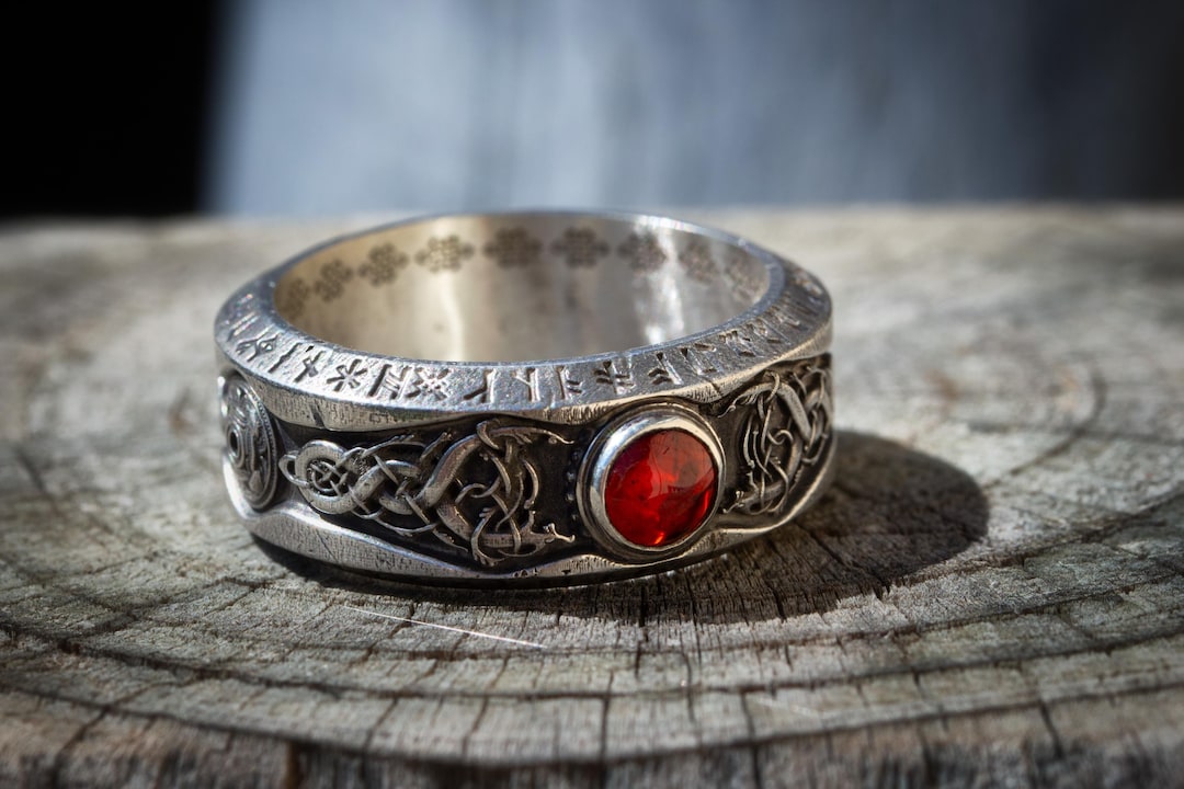 Handmade Sterling Silver Garnet Ring: Celtic Viking Runes Dragon Design ...