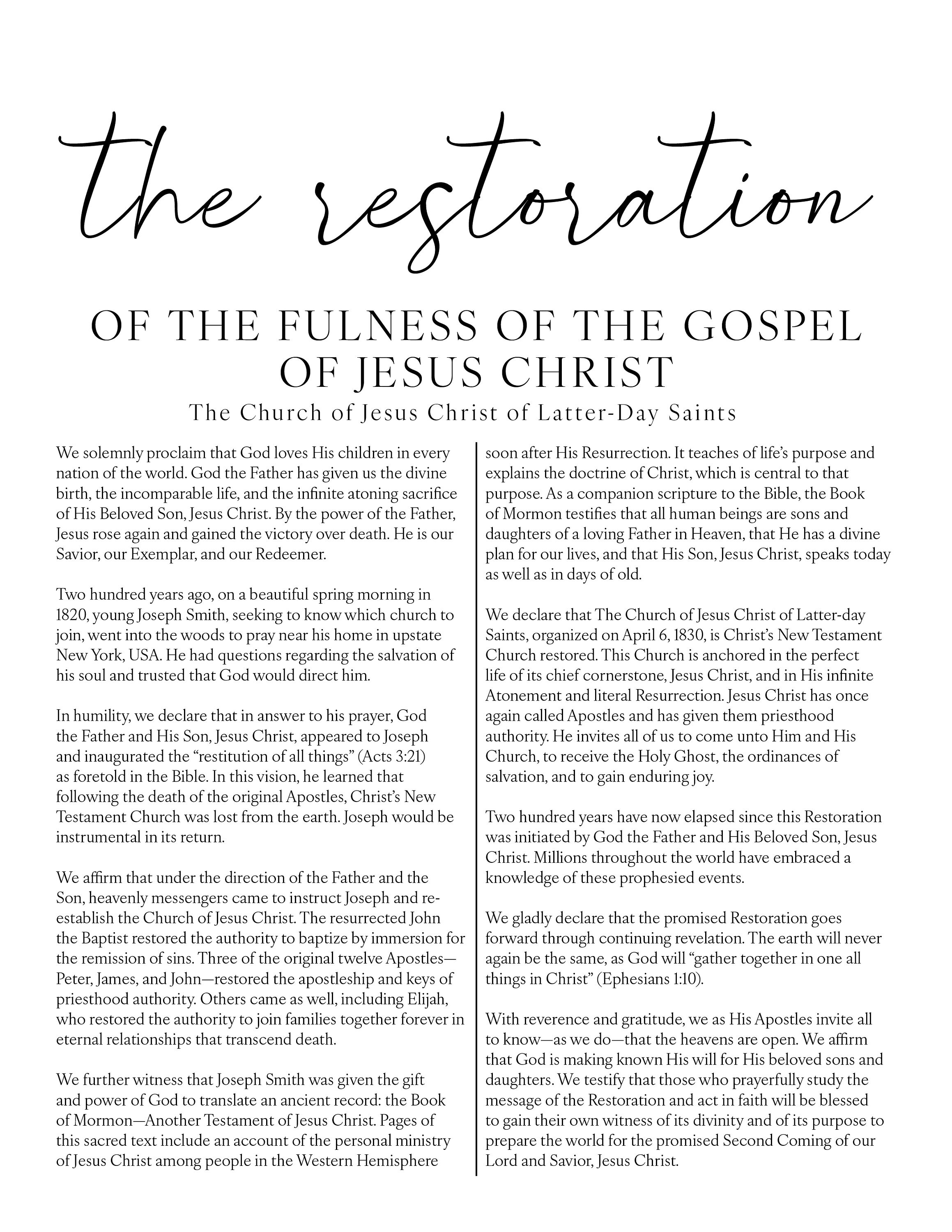 The Restoration Proclamation Printable, LDS Digital Downloads, the ...
