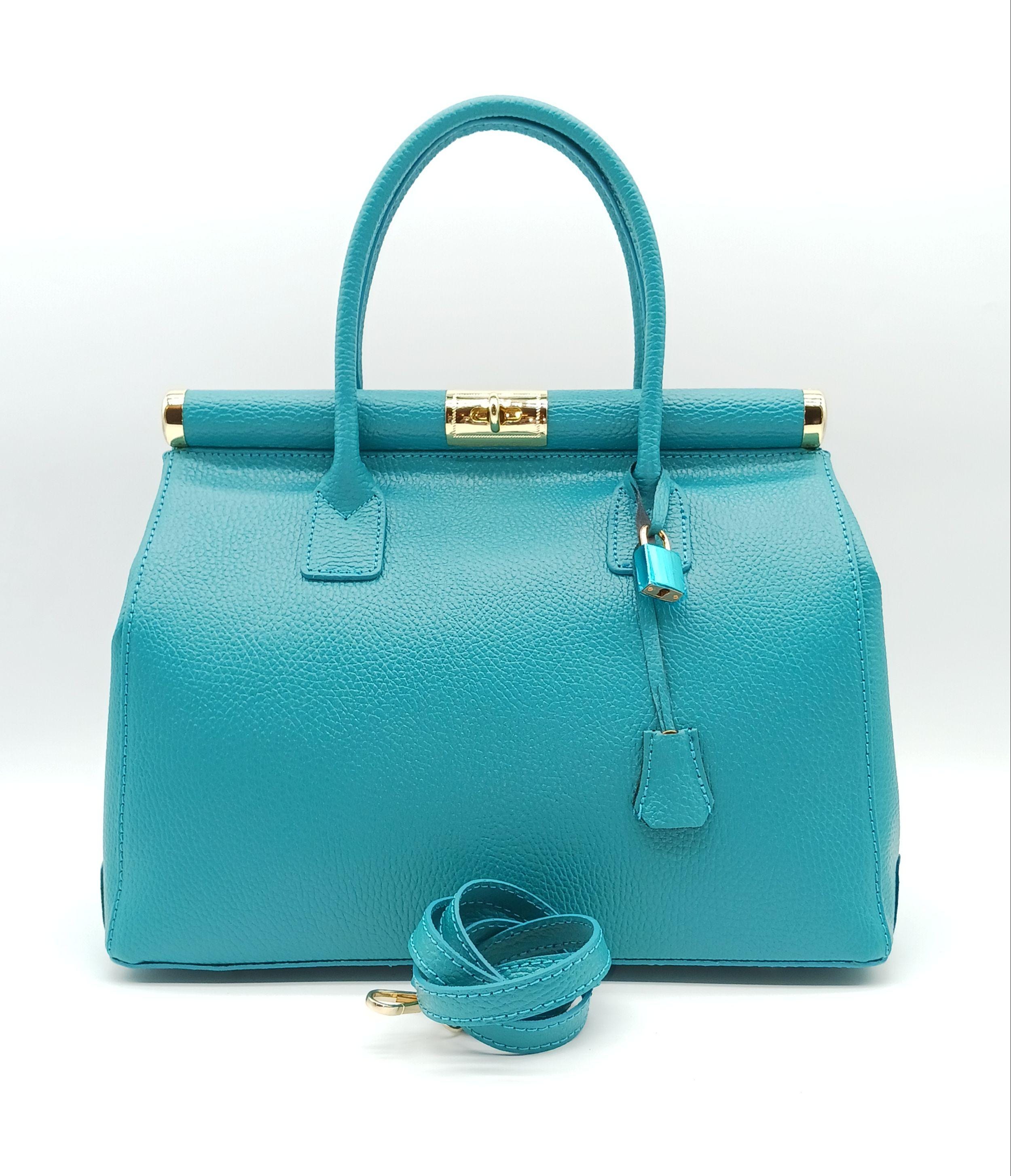 Turquoise Italian Lock & Key Genuine Pebble Leather Handbag Satchel ...