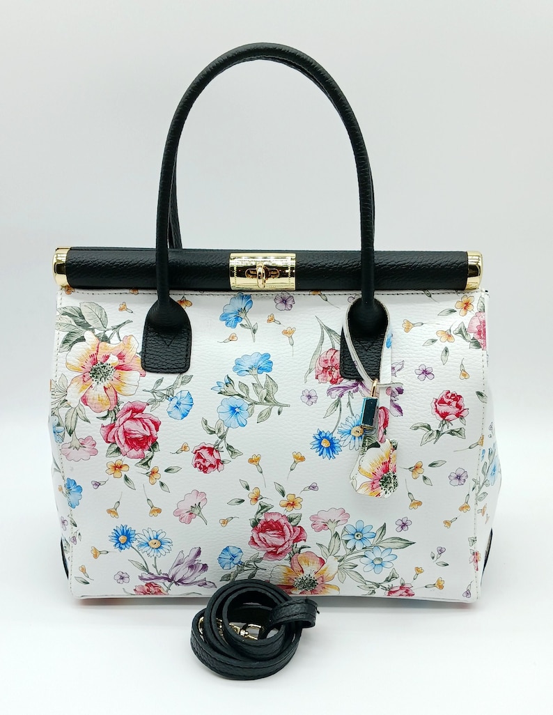 Italian Lock & Key Genuine Pebble Leather White Black Floral Handbag ...
