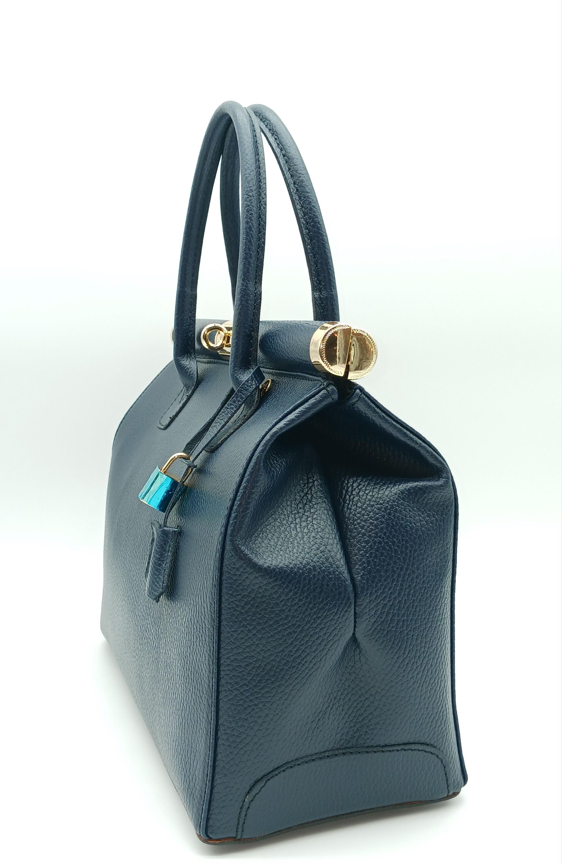 Italian Lock & Key Genuine Pebble Leather Handbag Satchel Dark Blue ...