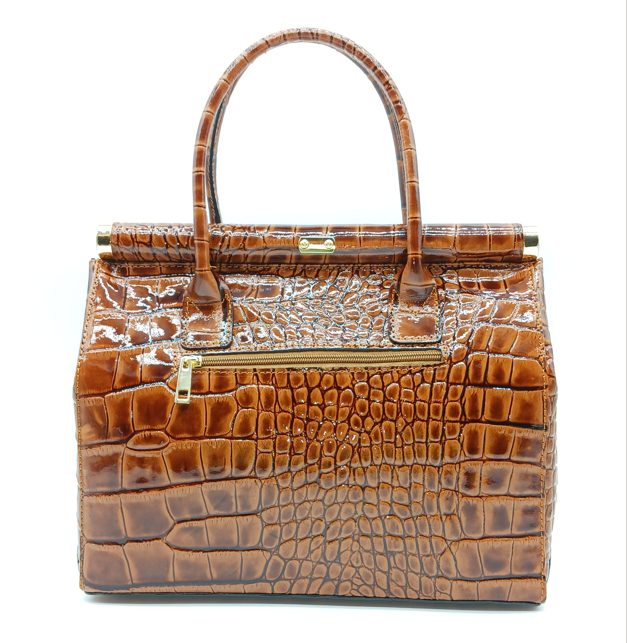 Italian Lock & Key Shiny Croc Embossed Genuine Leather Handbag Satchel ...