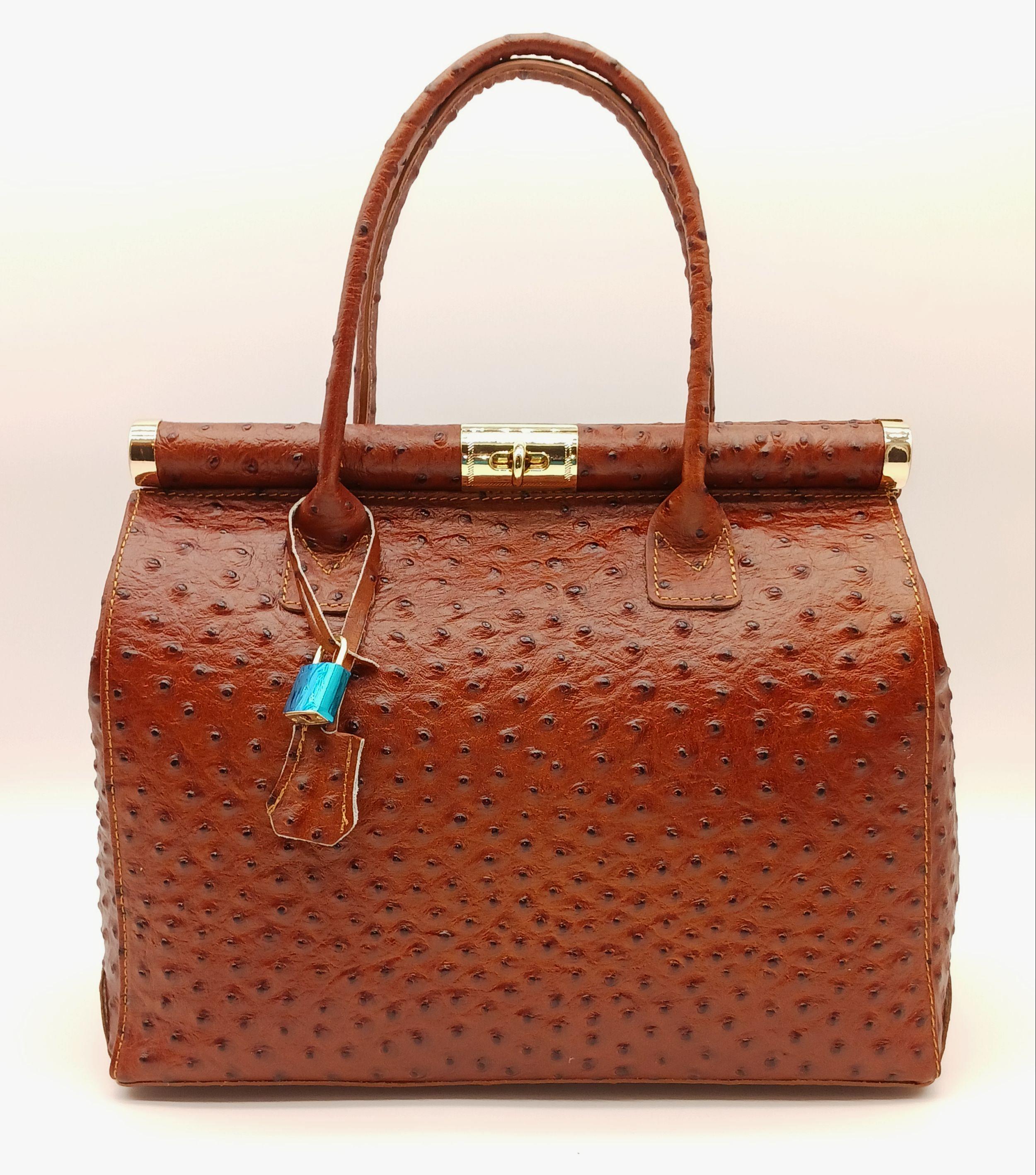 Italian Lock & Key Genuine Ostrich Embossed Leather Handbag Satchel ...