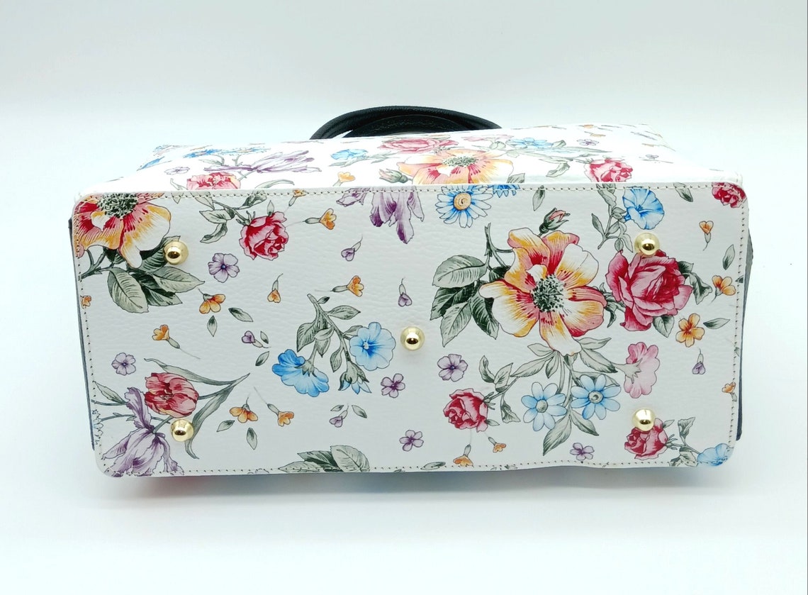 Italian Lock & Key Genuine Pebble Leather White Black Floral Handbag ...