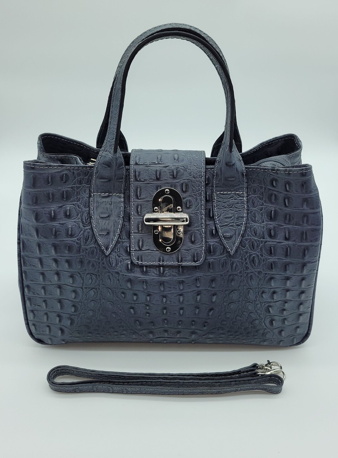 Italian Genuine Leather Croc Embossed Satchel Handbag Dark Gray – Made ...