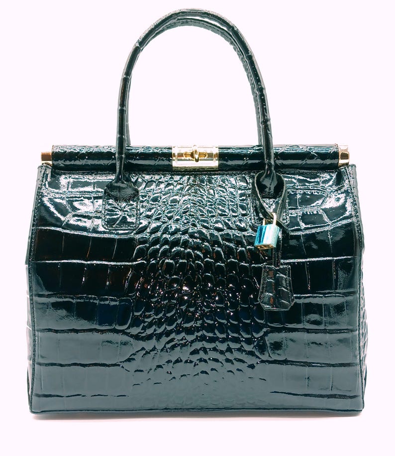 Italian Lock & Key Shiny Croc Embossed Genuine Leather Handbag Satchel ...