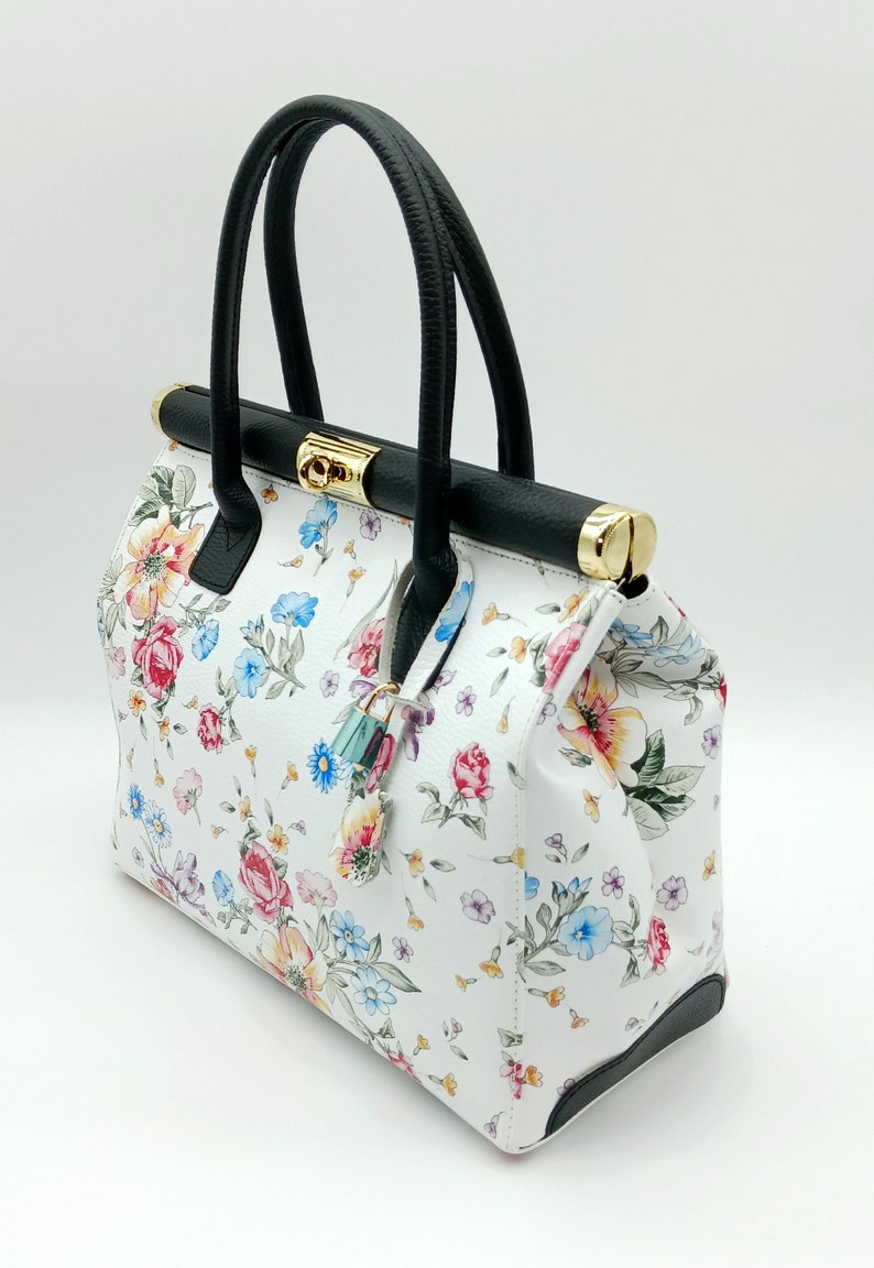 Italian Lock & Key Genuine Pebble Leather White Black Floral Handbag ...