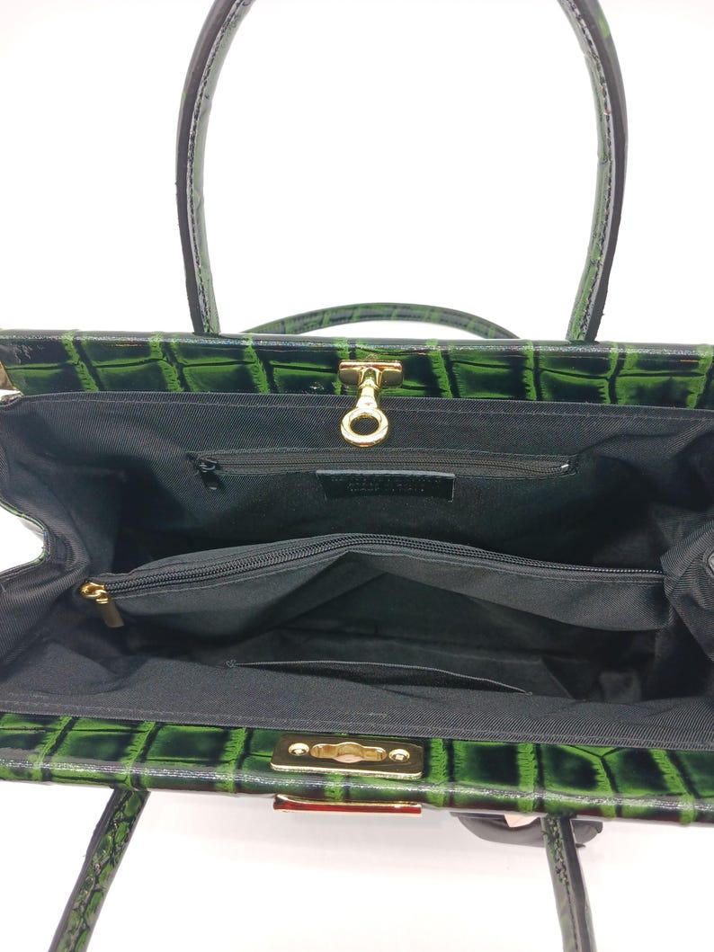 Italian Lock & Key Shiny Croc Embossed Genuine Leather Handbag Satchel ...