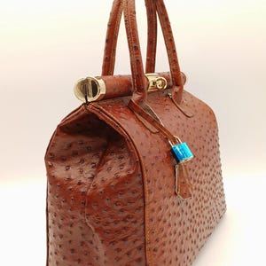 Italian Lock & Key Genuine Ostrich Embossed Leather Handbag Satchel ...