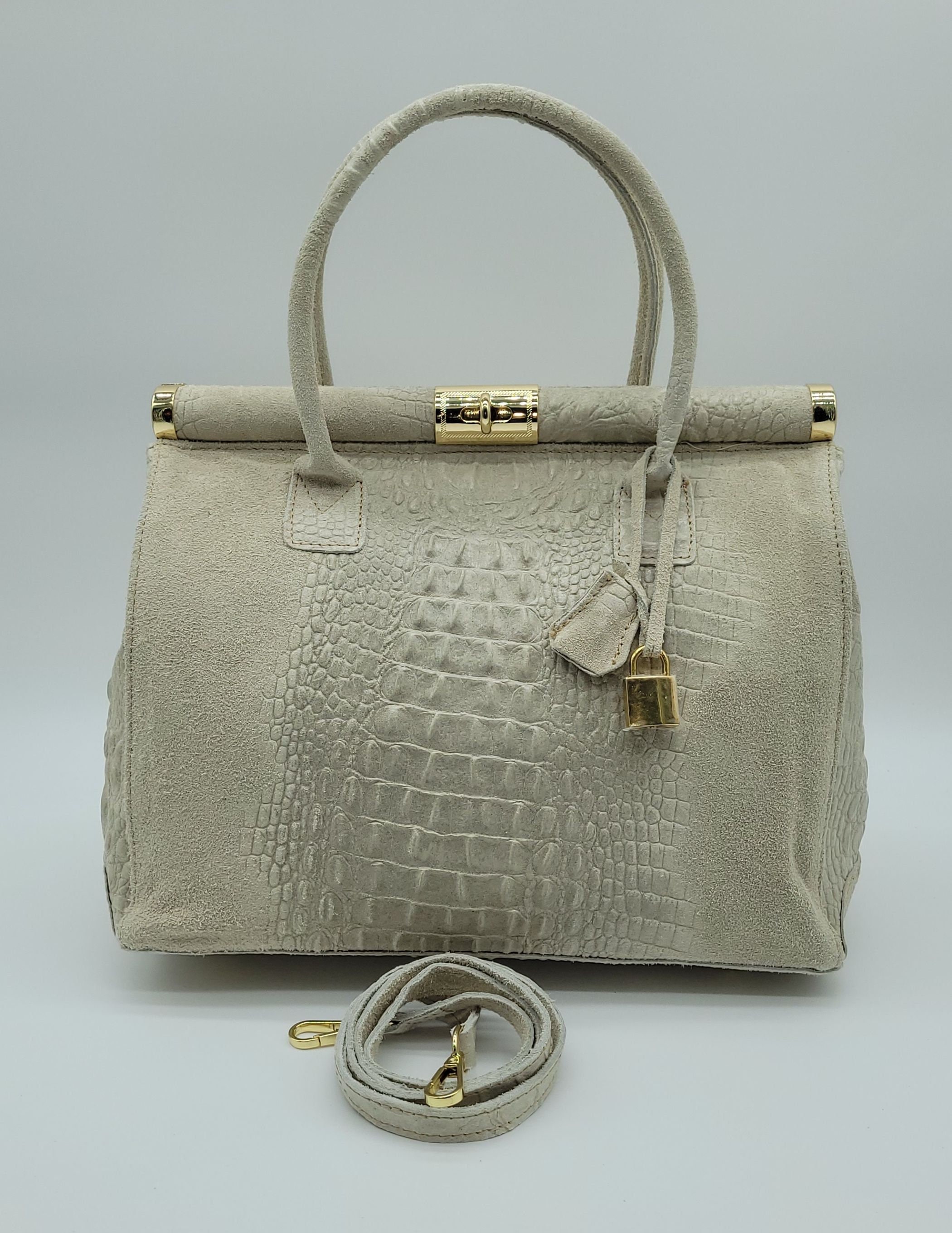 Italian Lock & Key Genuine Croc Embossed Leather Suede Handbag - Etsy