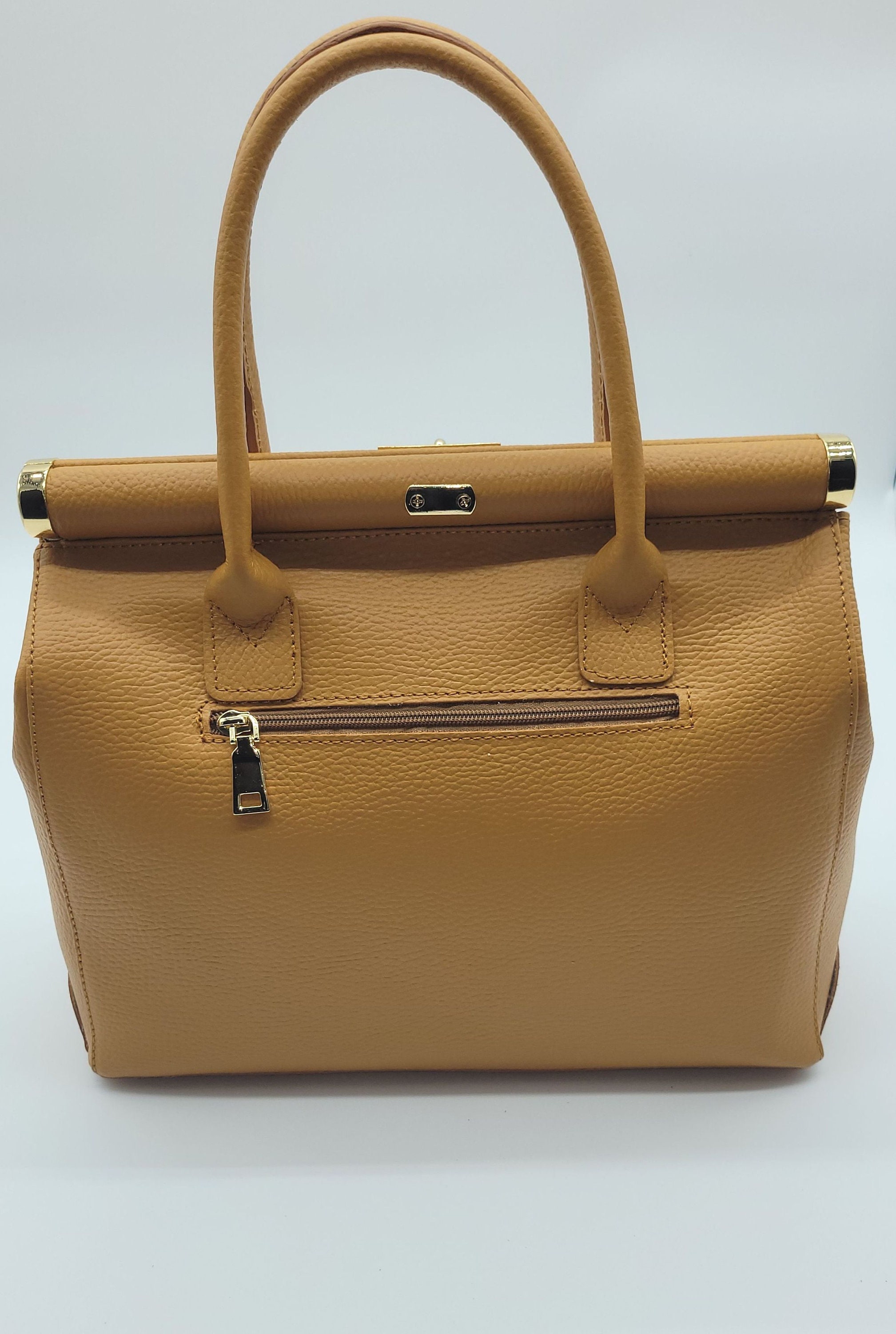 Italian Lock & Key Genuine Pebble Leather Handbag Satchel Cognac Brown ...