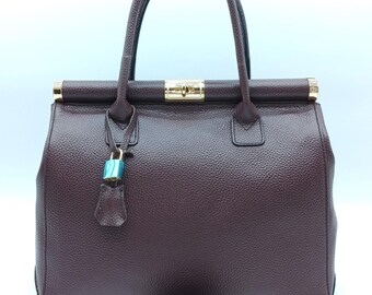 Italian Lock & Key Genuine Pebble Leather Handbag Satchel Fuchsia ...
