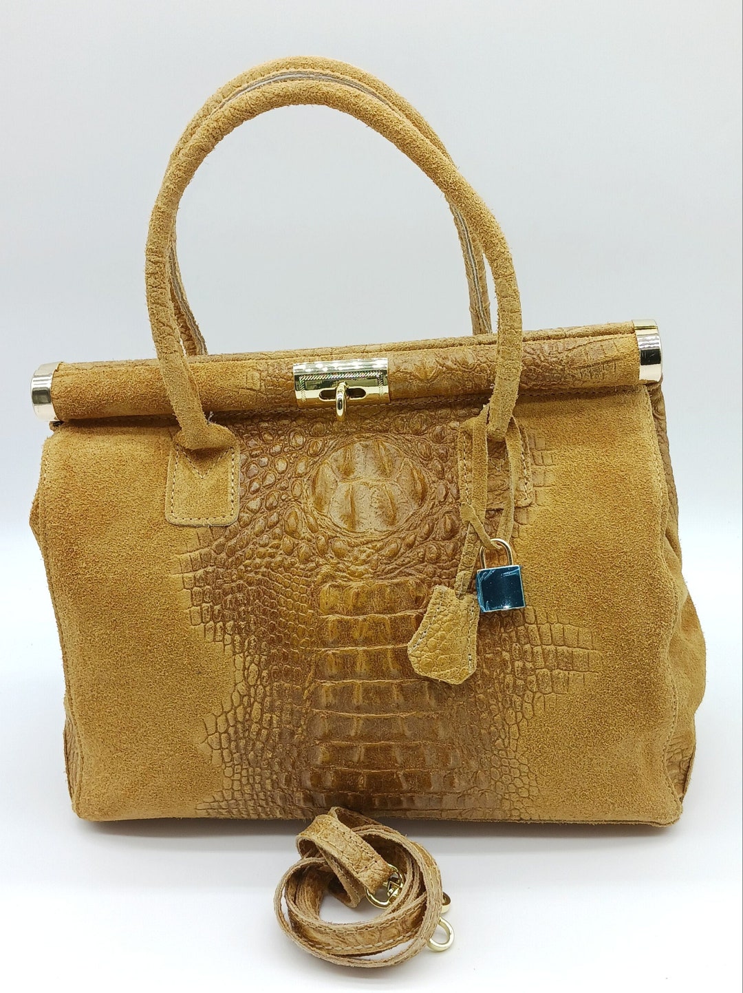 Italian Lock & Key Genuine Croc Embossed Leather Suede Handbag Satchel ...